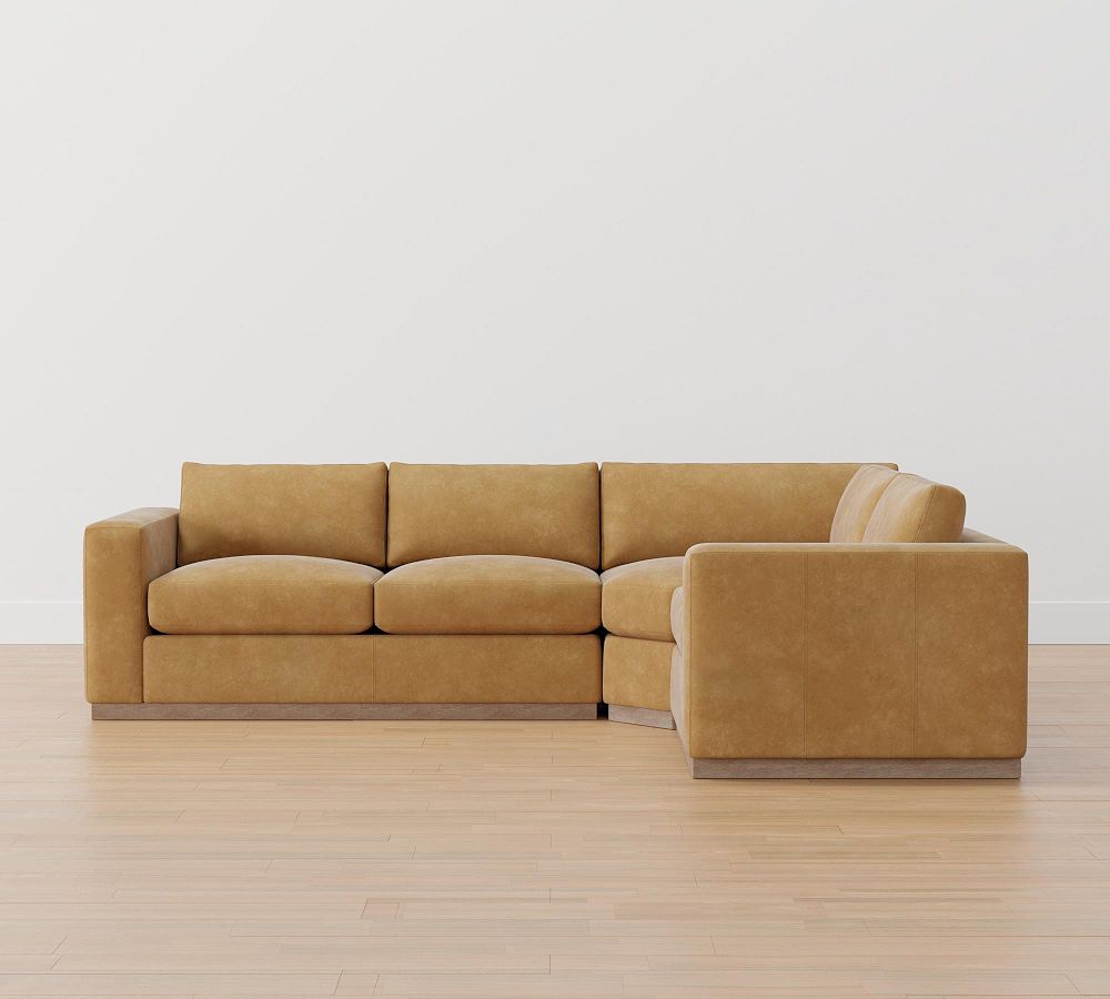 Carmel Square Wide Arm Leather 3-Piece Wedge Sectional with Wood Base ...