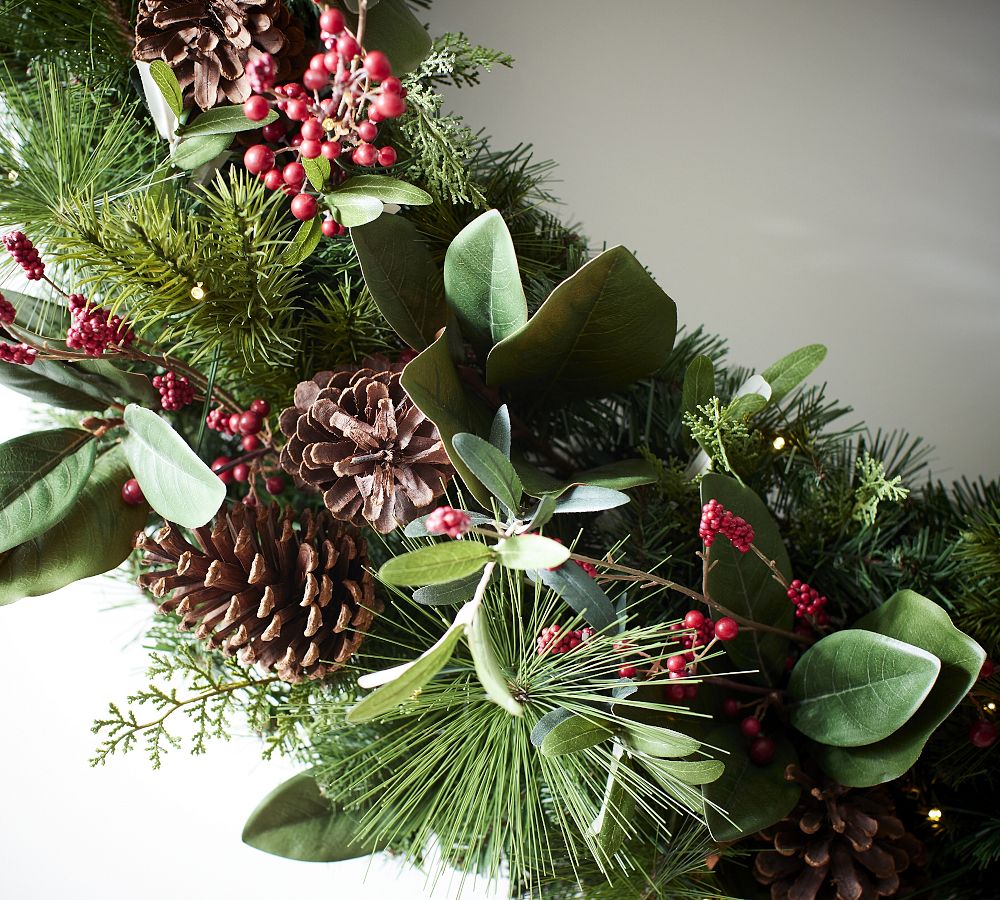 Lit Faux Pine & Berries Wreath & Garland | Pottery Barn