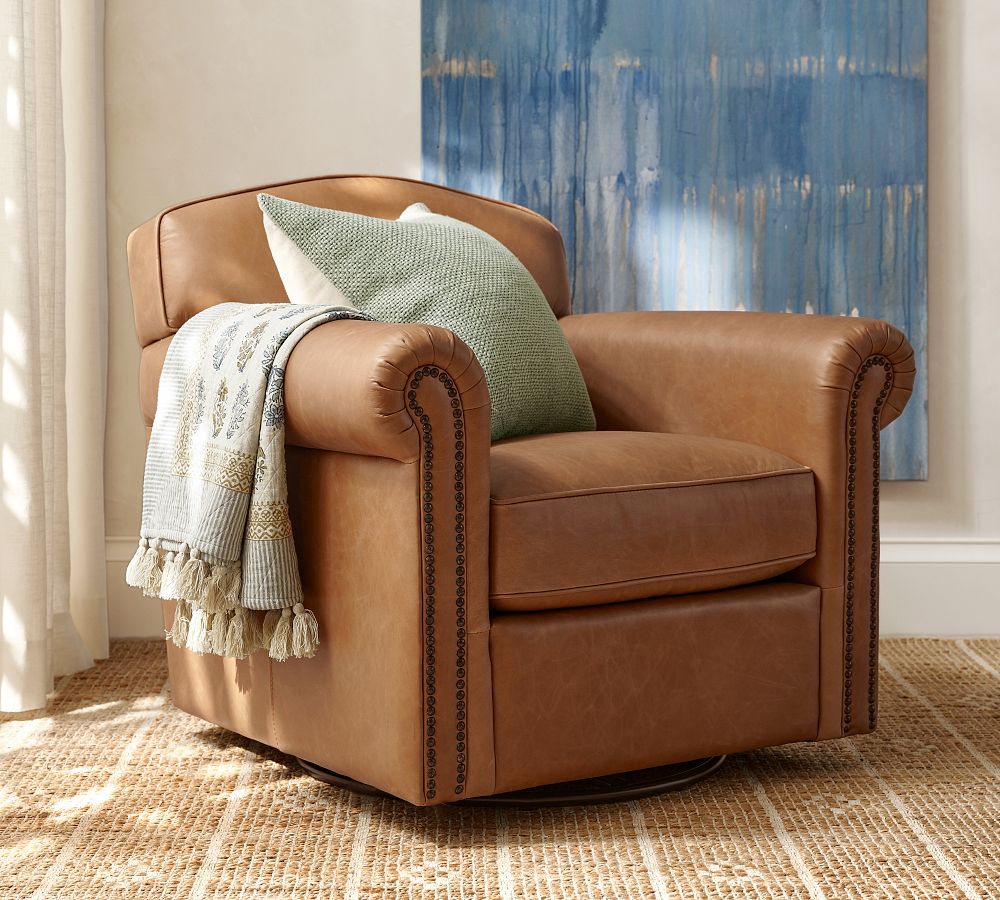 Harrington Roll Arm Leather Swivel Chair | Pottery Barn