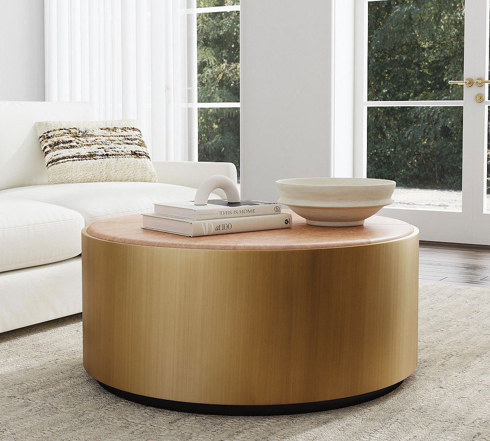 Brockton Round Metal & Leather Coffee Table (40") | Pottery Barn