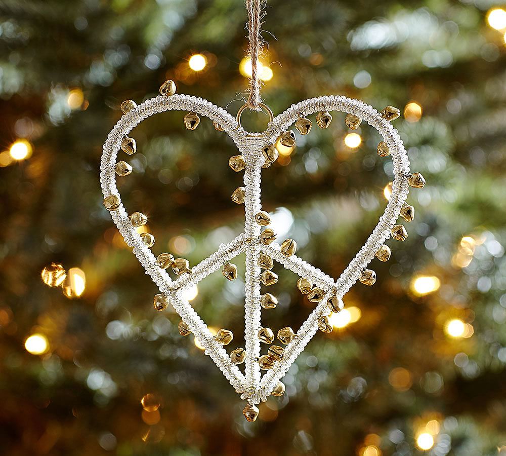 Jingle Bell Peace Sign Heart Christmas Ornament | Pottery Barn