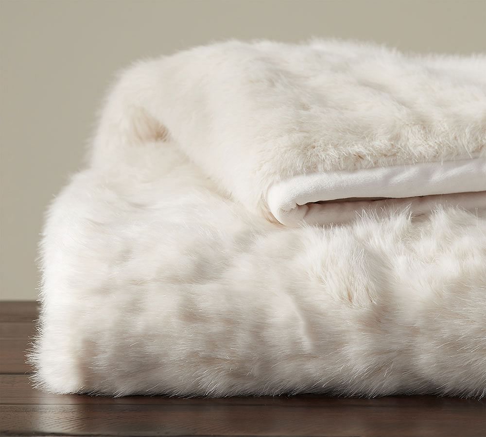 Ivory Gathered Faux Fur Throw Blanket | Pottery Barn