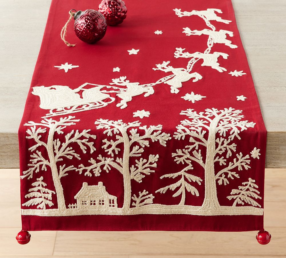 Sleigh Bell Crewel Embroidered Cotton Table Runner | Pottery Barn
