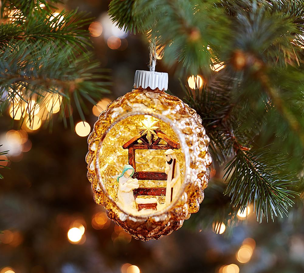 Lit Nativity Scene in Mercury Christmas Ornament | Pottery Barn
