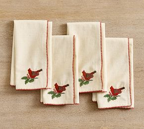 Cardinal Embroidered Cotton/Linen Napkins - Set of 4 | Pottery Barn
