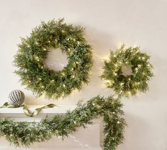 Faux Lit Juniper Berry Wreath & Garland | Pottery Barn