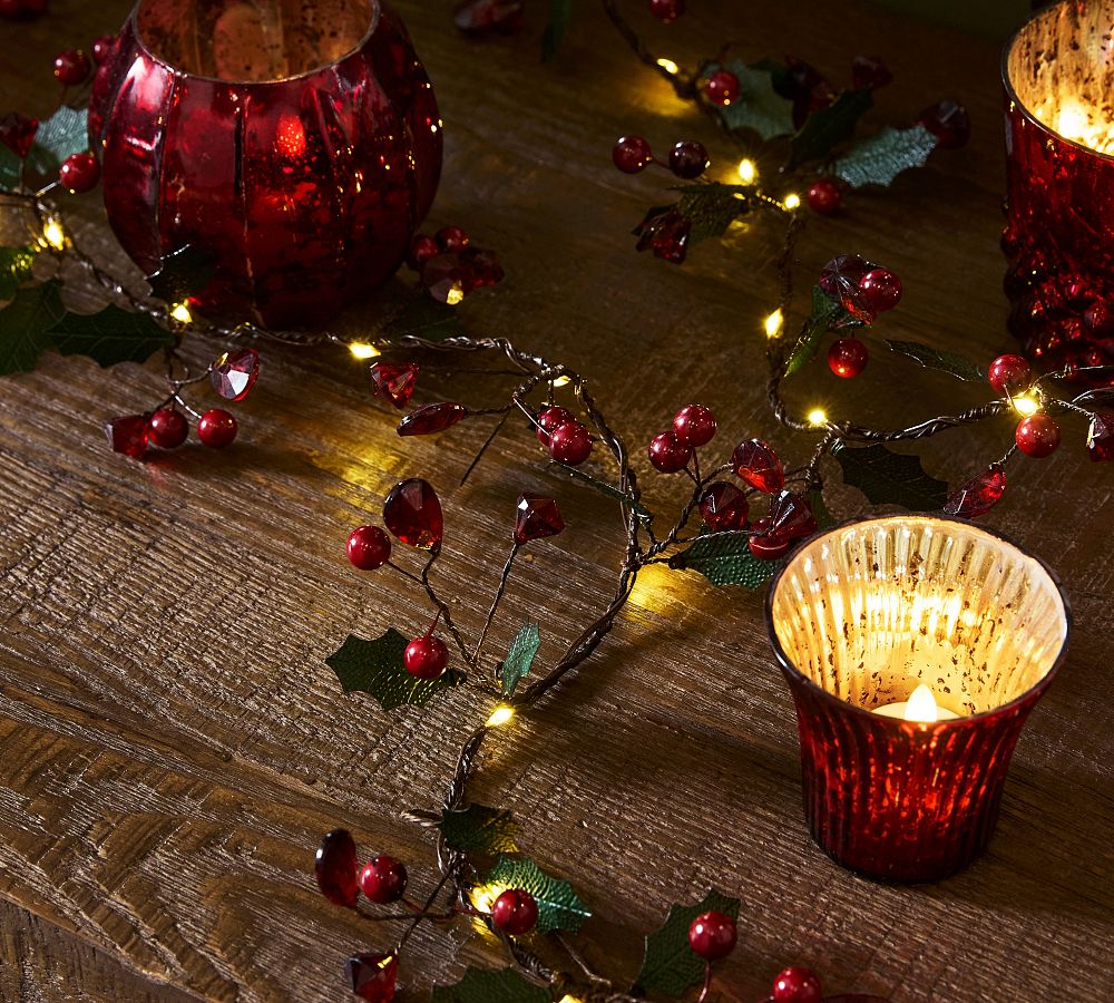 Lit Rustic Holly Berry Garland | Pottery Barn