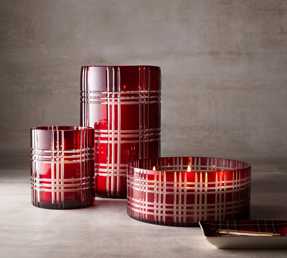 Stewart Plaid Cut Glass Hurricane Candleholder | Pottery Barn