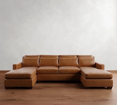York Square Arm Leather Deep Seat U Double Chaise Loveseat Sectional Polyester Wrapped Cushions Churchfield Camel Pottery Barn