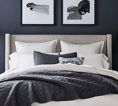 Elliot Shelter Upholstered Headboard California King Performance Heathered Tweed Pebble Pottery Barn
