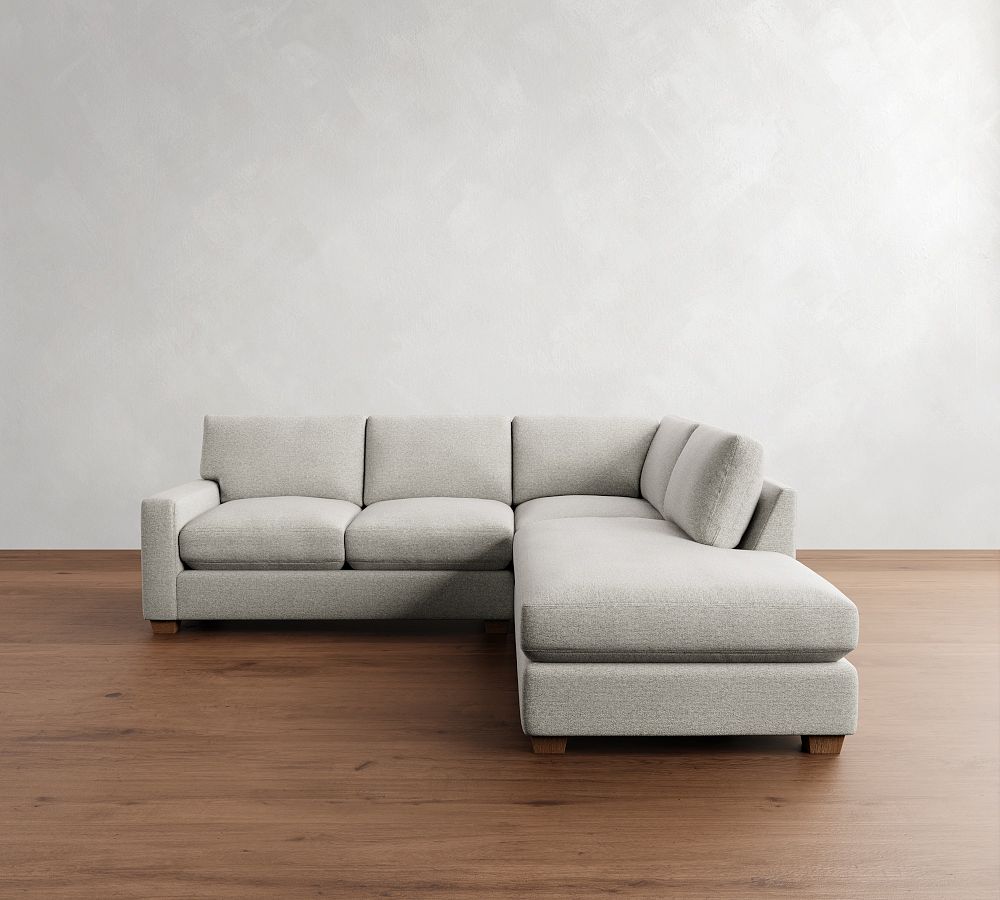PB Comfort Modern Square Arm Upholstered Left 3 Piece Bumper Sectional Seadrift Finish Down Blend Wrapped Cushions Rustic Chenille Ivory Pottery
