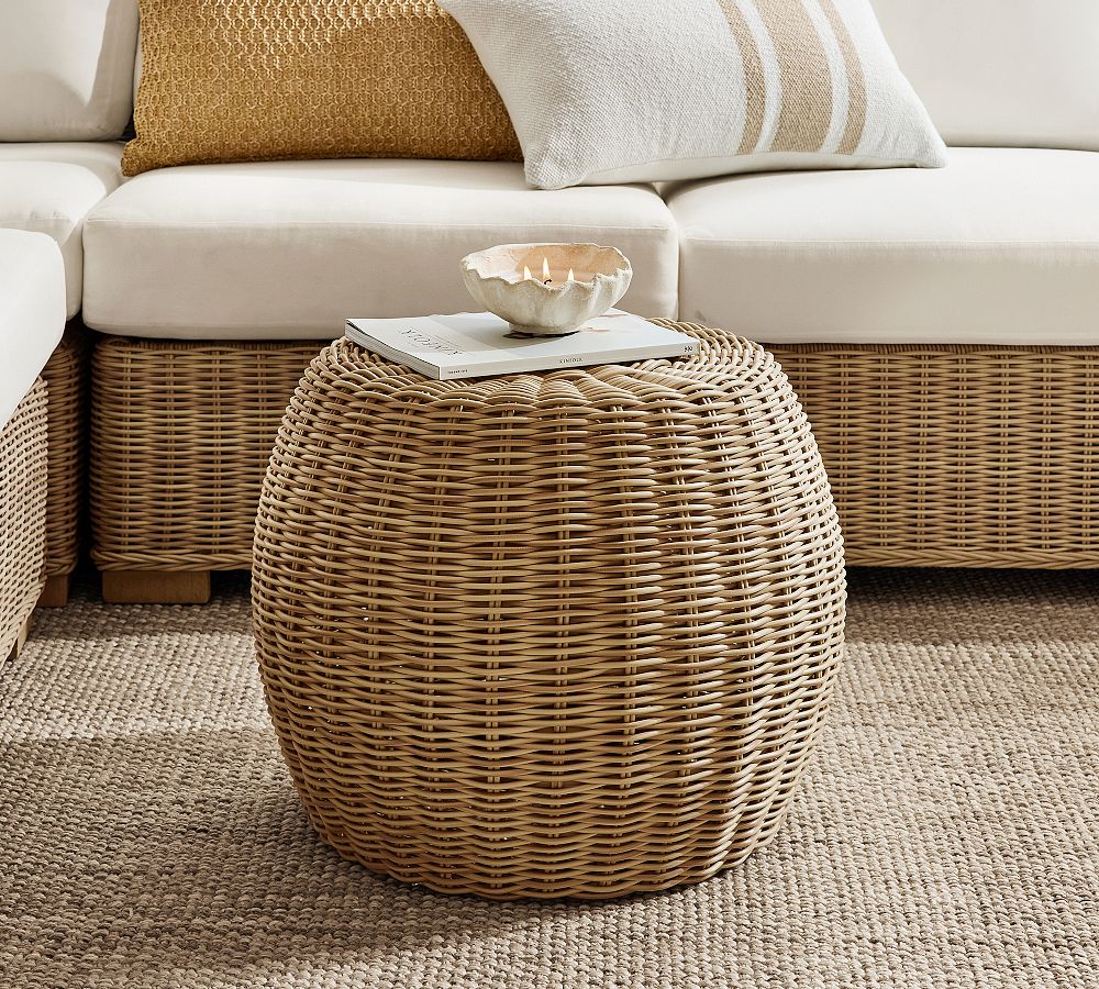 Huntington Wicker Round Outdoor Stool | Pottery Barn