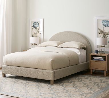 Arlo Tall Upholstered Bed Arched Headboard Cal King Seadrift Leg Luxe Boucle Ivory Pottery Barn