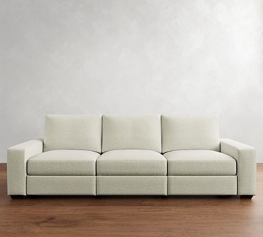 Big Sur Square Arm Motion Upholstered 2 Piece Power Reclining Sofa Down Blend Wrapped Cushions Rustic Linen Parchment Pottery Barn