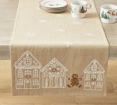 Gingerbread Village Embroidered Table Runner Pottery Barn