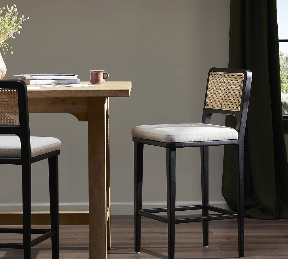 Lisbon Upholstered Cane Narrow Stool | Pottery Barn