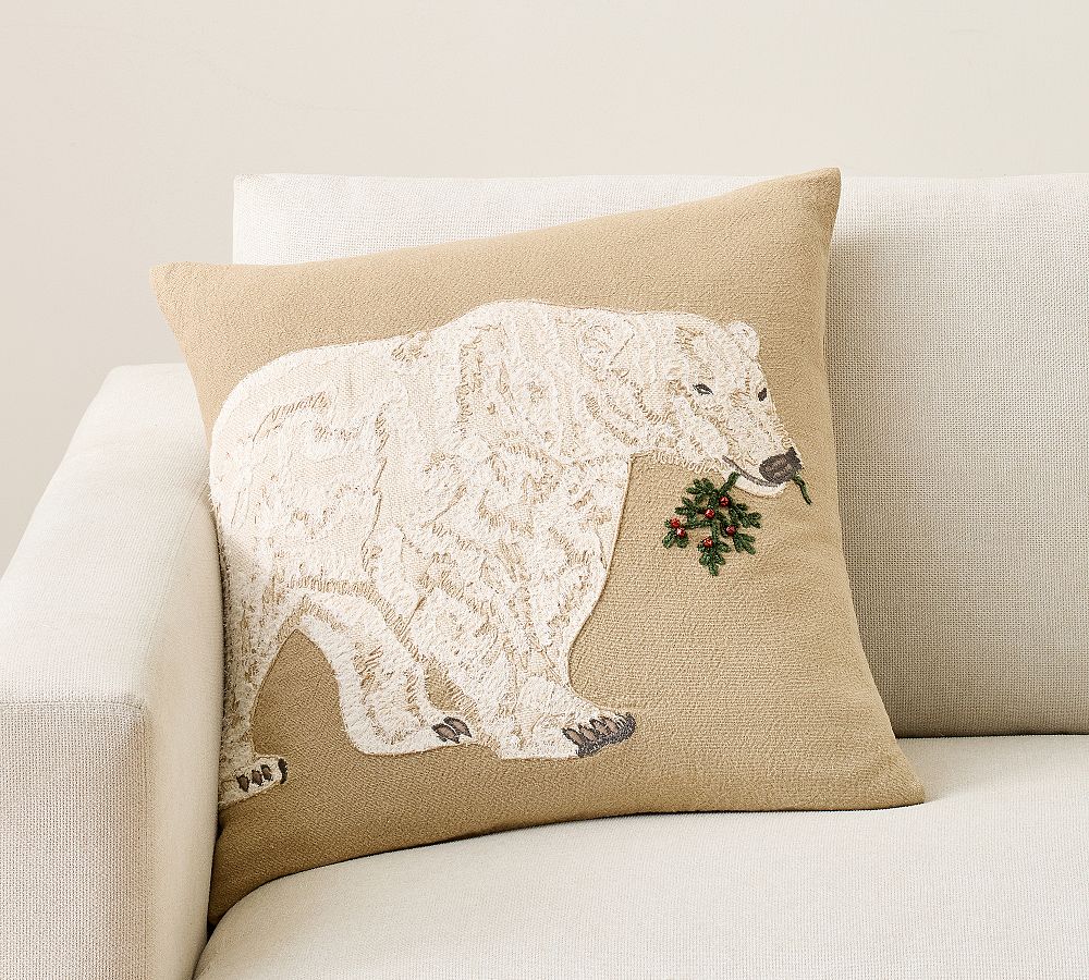 Holly Bear Embroidered Pillow | Pottery Barn
