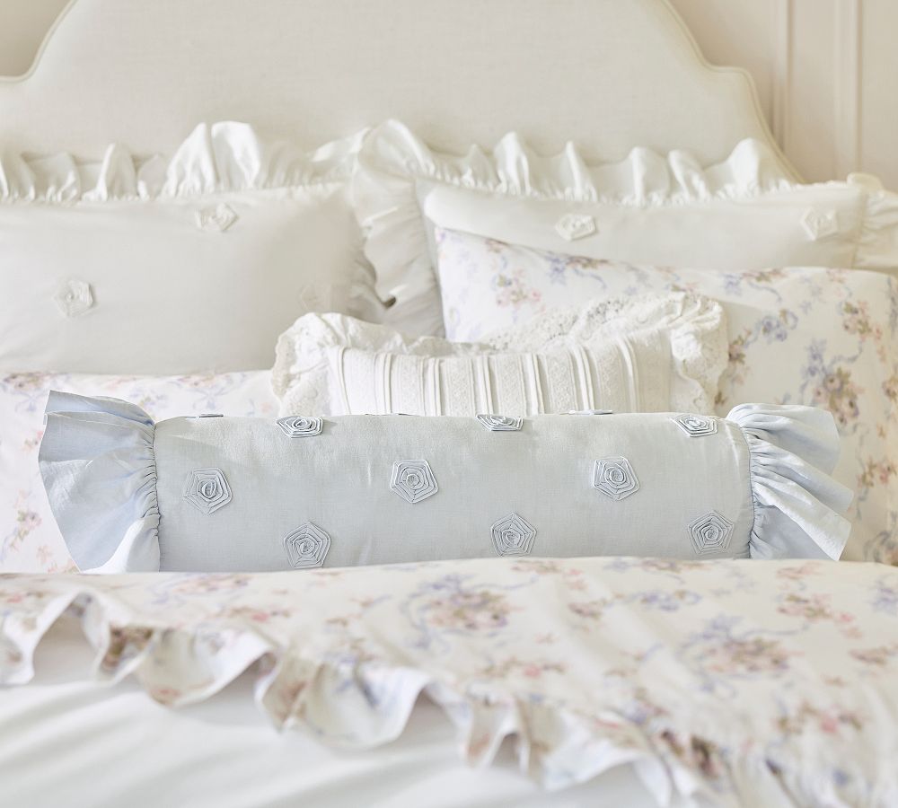 LoveShackFancy Blue Embellished Rosette Bolster | Pottery Barn