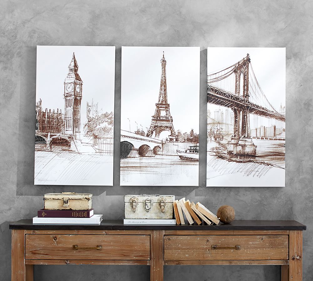 Vintage City Cotton Canvas Sketches - Set of 3 | Wall Decor | Pottery Barn