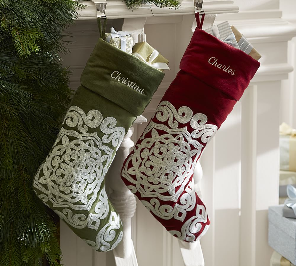 Velvet Medallion Embroidered Stocking | Pottery Barn