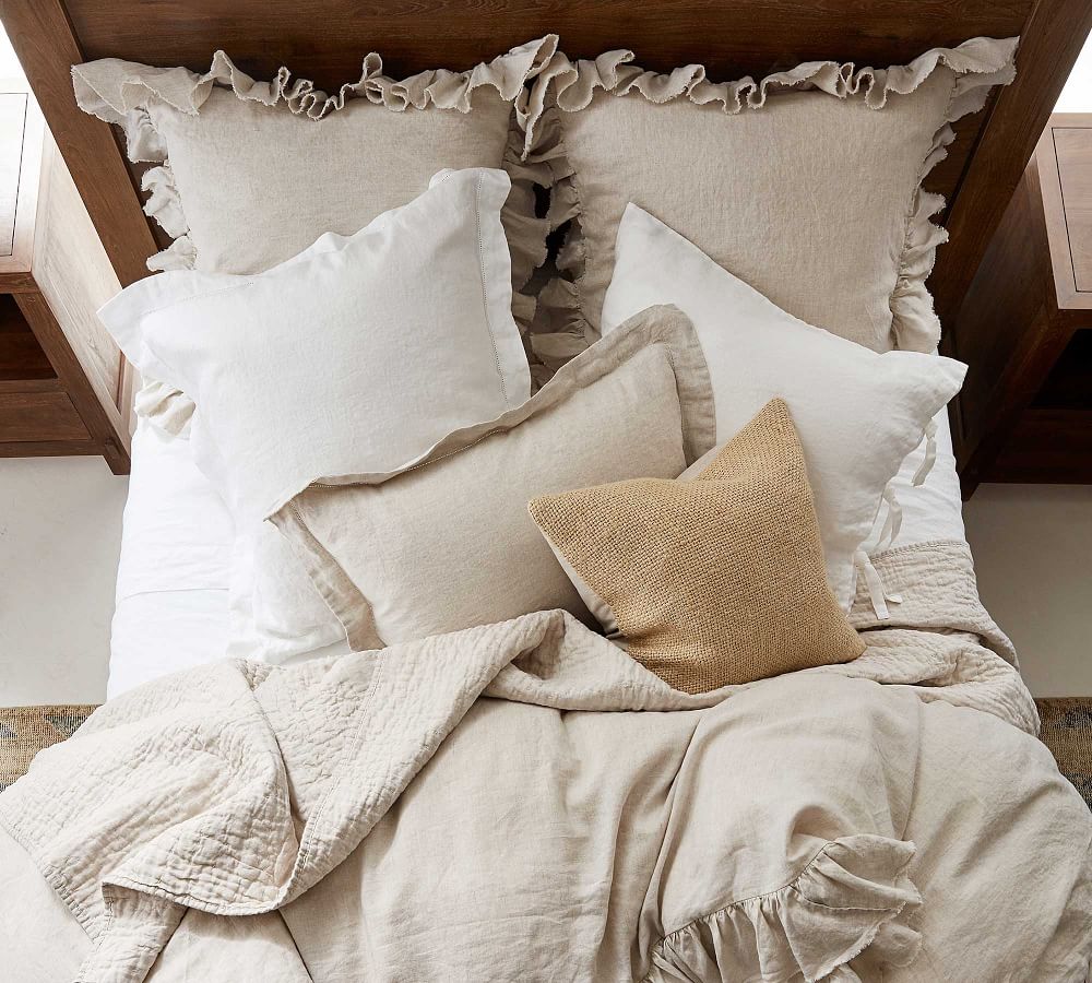 Belgian Flax Linen Raw Edge Ruffle Pillow Shams - White | Pottery Barn