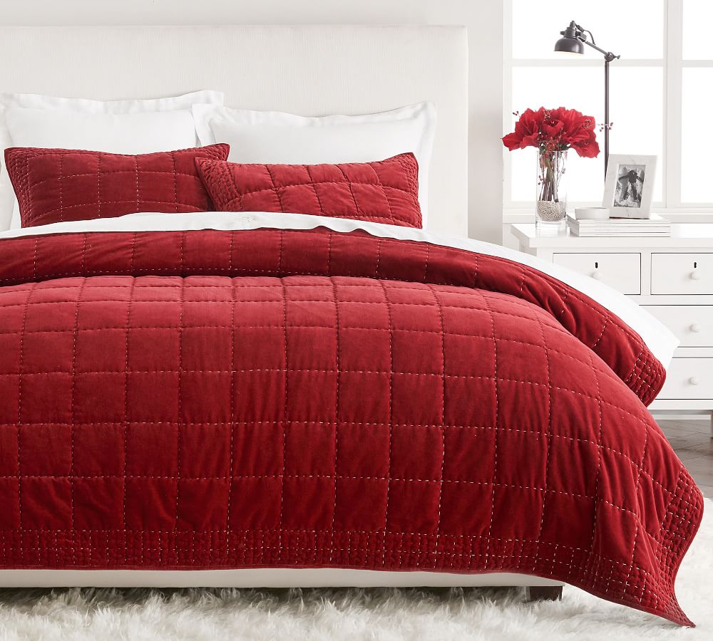 Velvet Handcrafted Box Stitch Quilt | Pottery Barn