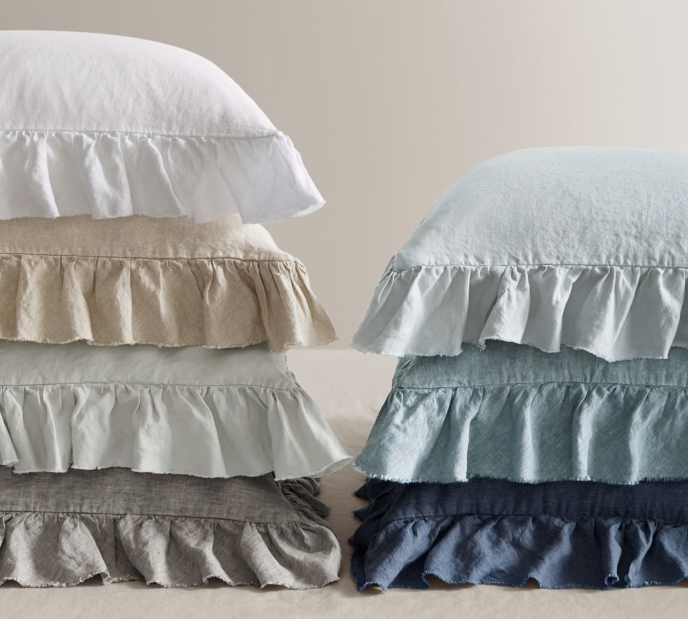 Belgian Flax Linen Raw Edge Ruffle Pillow Shams - White | Pottery Barn