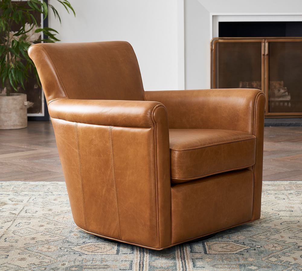 Irving Roll Arm Leather Swivel Armchair | Pottery Barn