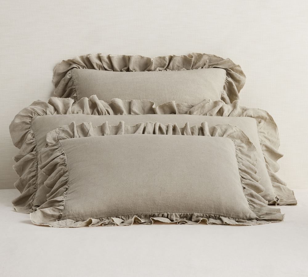 Belgian Flax Linen Raw Edge Ruffle Pillow Shams - White | Pottery Barn