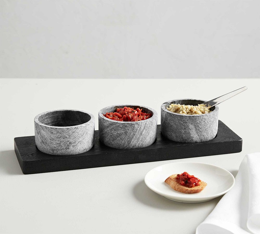 Acacia Wood & Marble Condiment Server | Pottery Barn