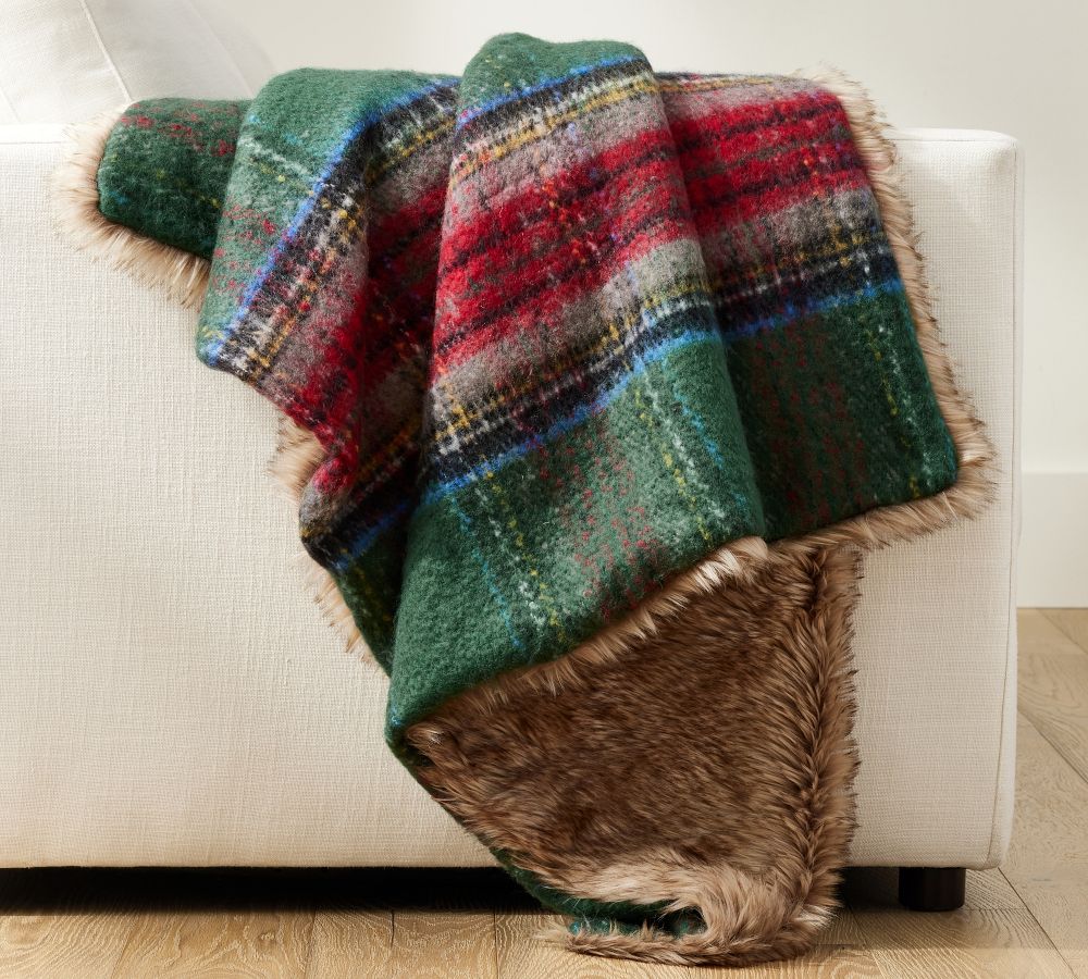 Stewart Plaid Faux Fur Back Throw | Pottery Barn