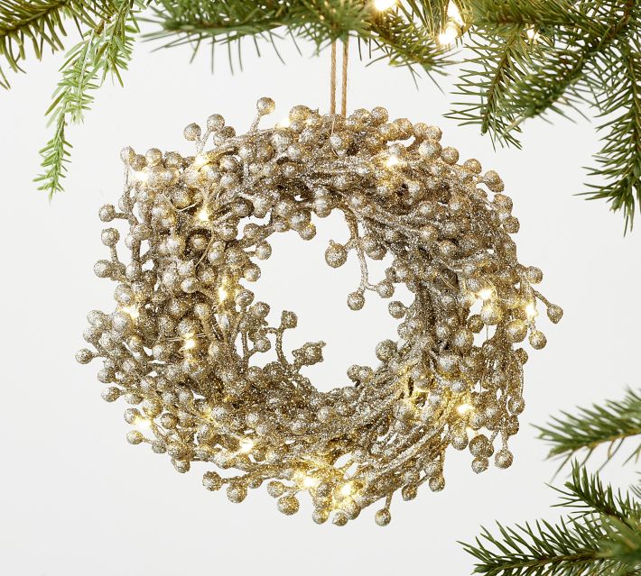 Light Up Glitter Berry Wreath Ornament | Pottery Barn