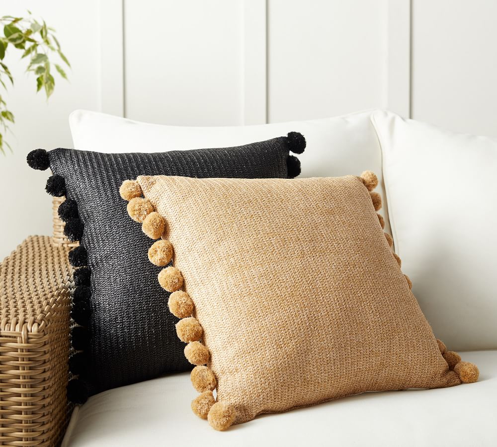 Faux Natural Fiber Pom Pom Indoor/Outdoor Pillow | Pottery Barn