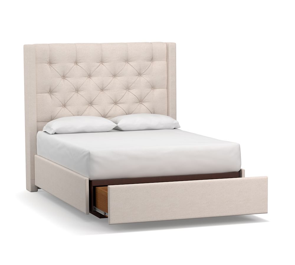 Harper Tufted Upholstered Tall Storage Platform Bed | Pottery Barn