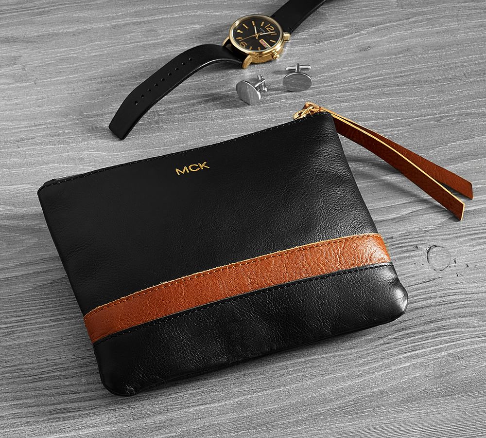 Ainsley Leather Zipper Pouch - Cognac & Black | Travel Accessories ...