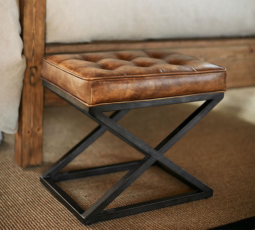 Kirkham Tufted Leather Stool | Pottery Barn