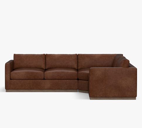 Carmel Square Slim Arm Leather 3-Piece Corner Sectional with Wood Base ...