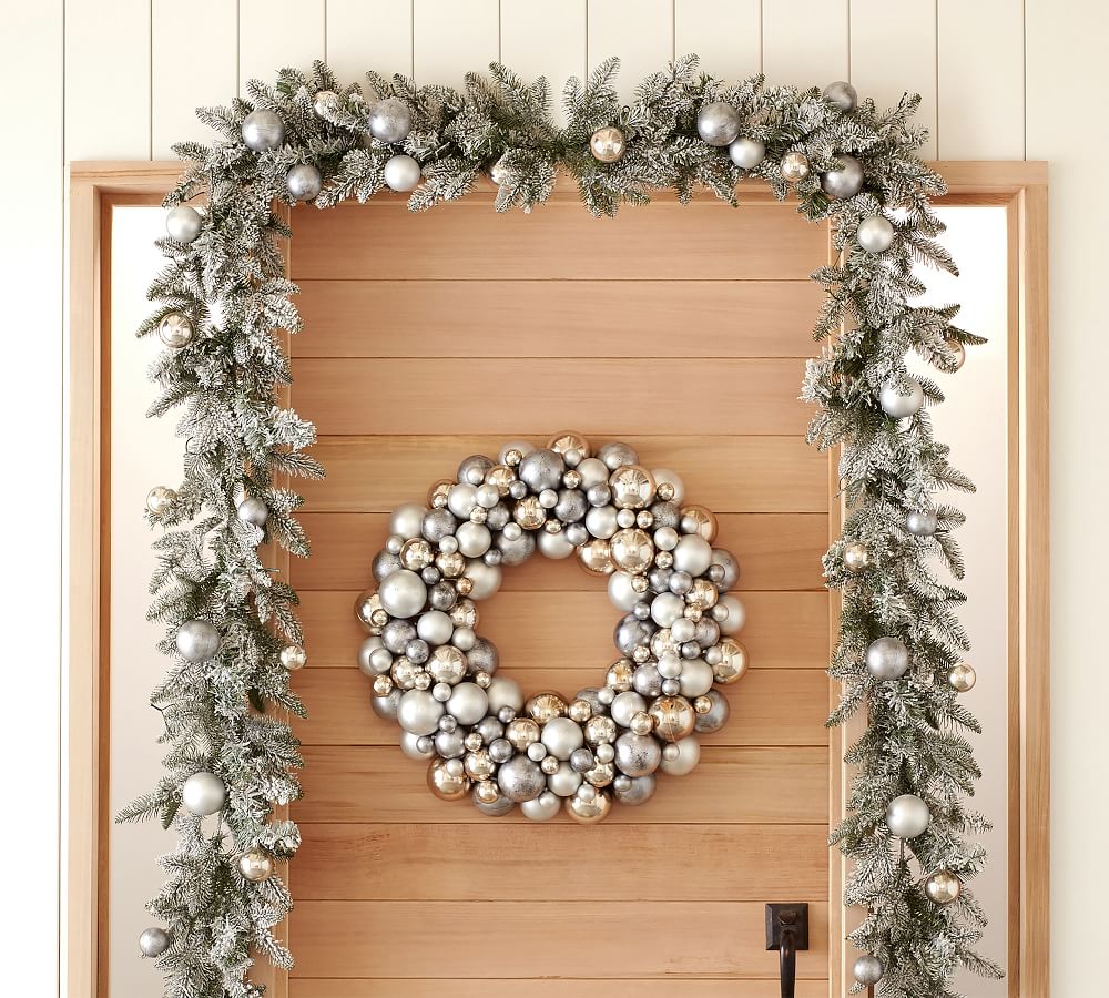 Pre-Lit Faux Frosted Pine and Ornament Wreath & Garland | Pottery Barn