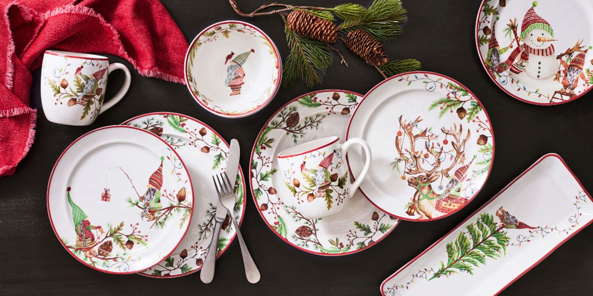 Forest Gnome Christmas Spirit 16-Piece Dinnerware Set | Pottery Barn