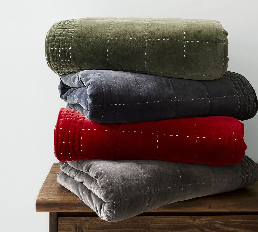 Velvet Handcrafted Box Stitch Quilt | Pottery Barn