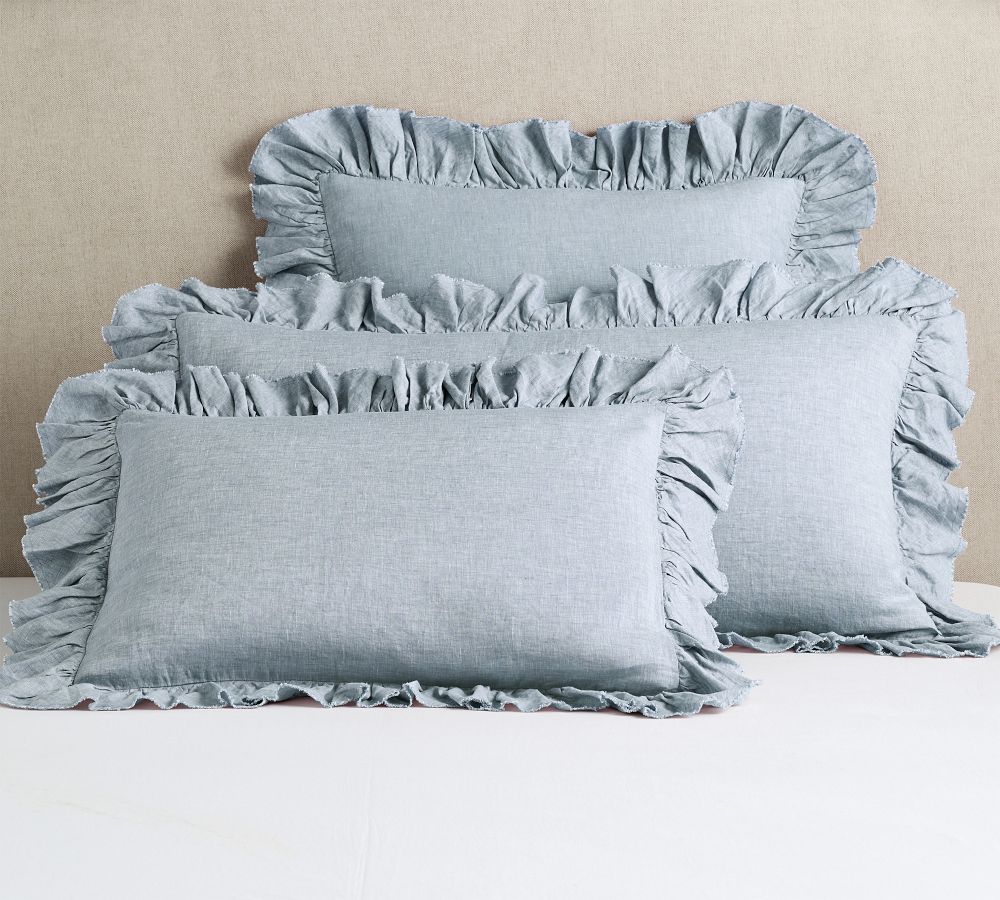 Belgian Flax Linen Raw Edge Ruffle Pillow Shams - White | Pottery Barn