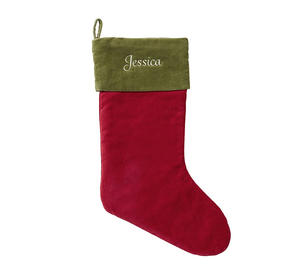 Classic Velvet Stockings - Red with Green Cuff | Pottery Barn