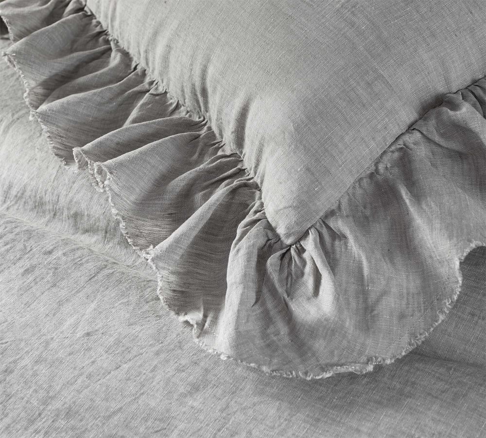 Belgian Flax Linen Raw Edge Ruffle Pillow Shams - White | Pottery Barn