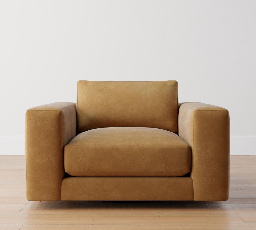 Carmel Lounge Square Arm Leather Swivel Armchair | Pottery Barn