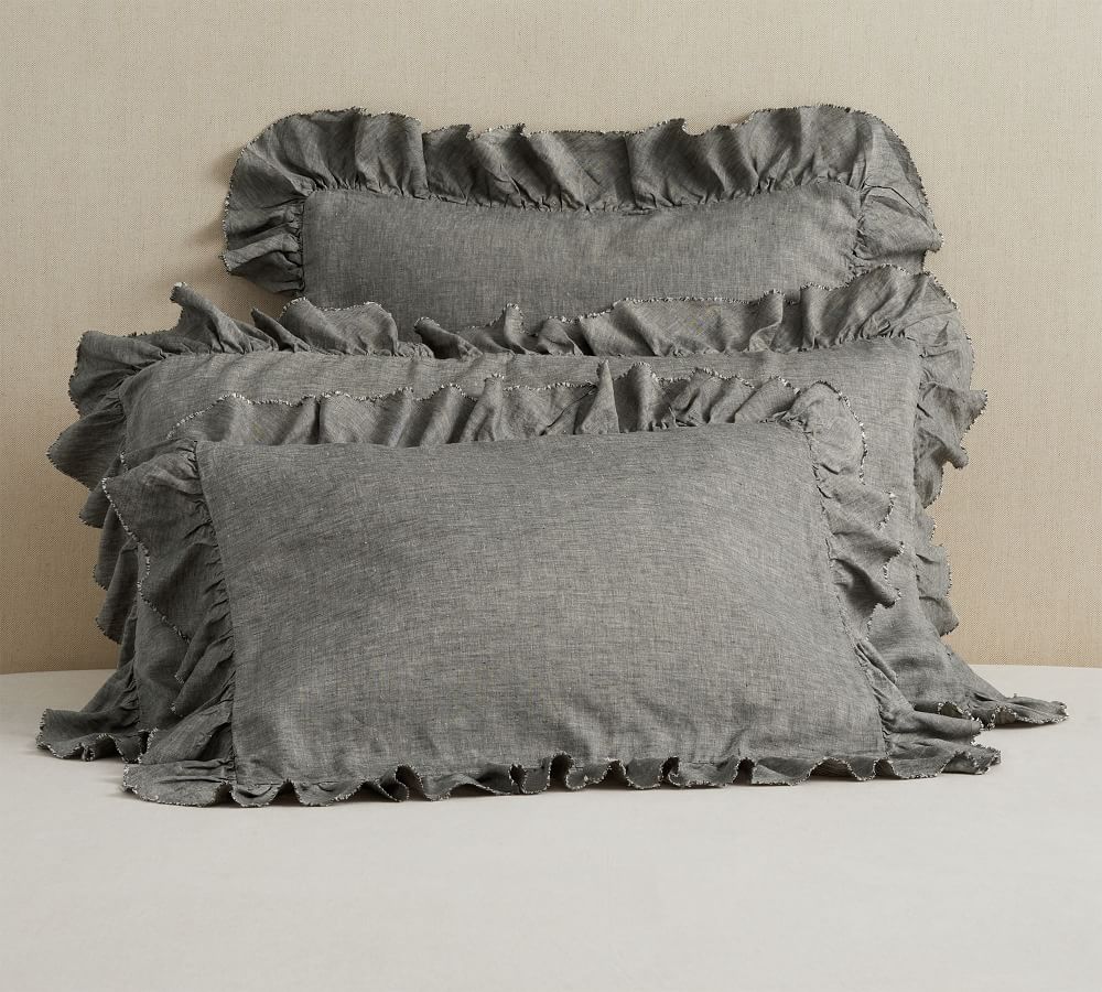Belgian Flax Linen Raw Edge Ruffle Pillow Shams - White | Pottery Barn