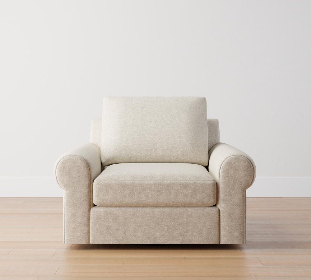 Big Sur Roll Arm Upholstered Swivel Armchair | Pottery Barn