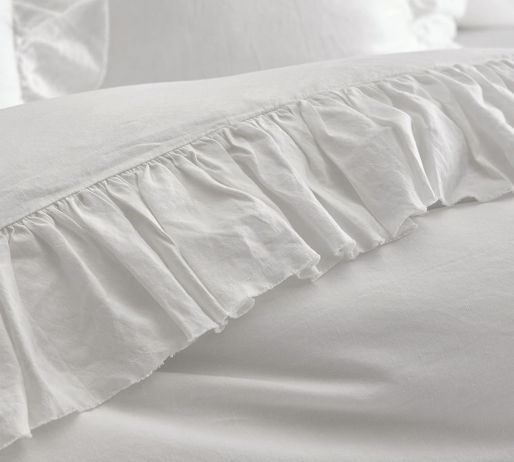 Belgian Flax Linen Raw Edge Ruffle Solid Duvet Cover - White | Pottery Barn