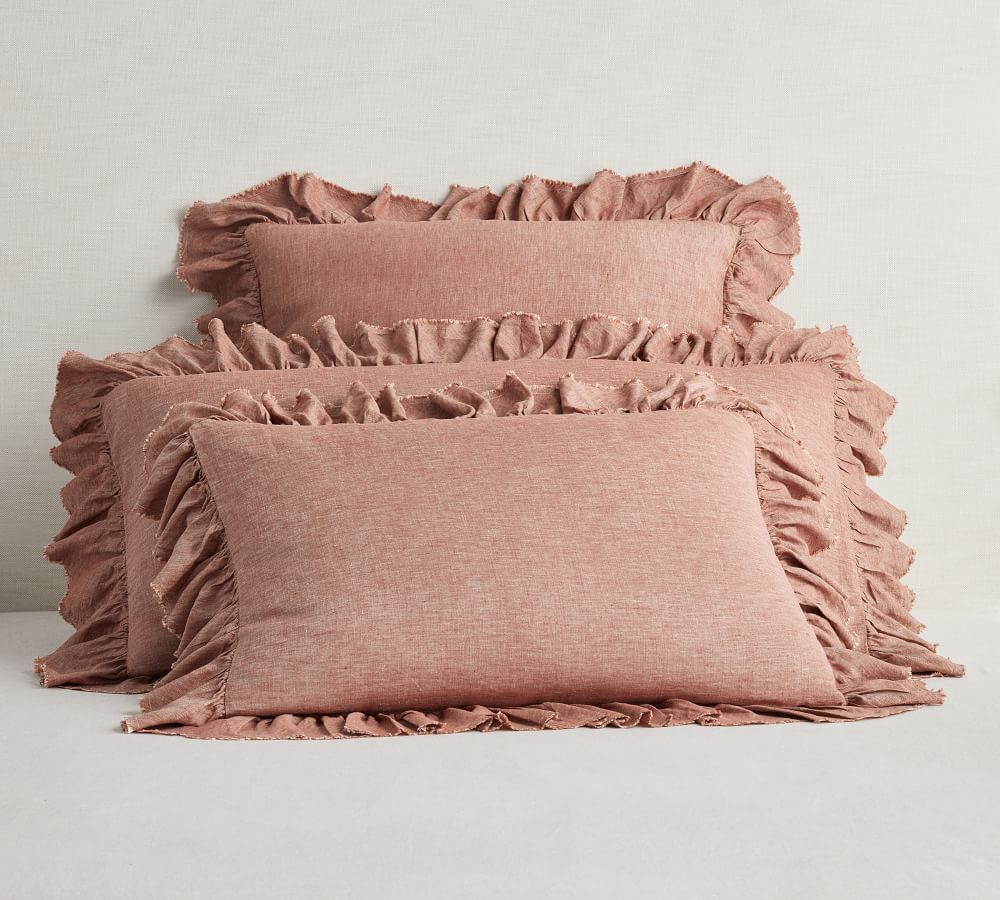 Belgian Flax Linen Raw Edge Ruffle Pillow Shams - White | Pottery Barn