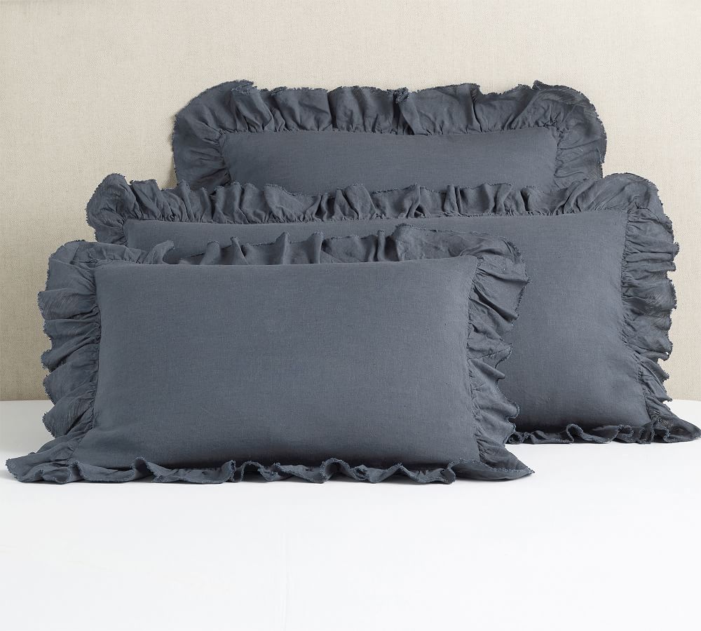 Belgian Flax Linen Raw Edge Ruffle Pillow Shams - White | Pottery Barn