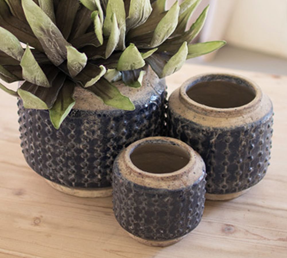 Dark Blue Round Ceramic Cachepots, Set of 3 | Pottery Barn